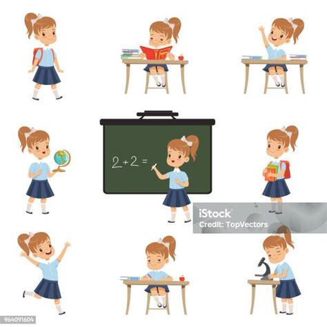 다양 한 활동 세트에 유니폼 생물학 지리학 흰색 배경에 수학 벡터 일러스트 레이 션의 교훈에서 여자 귀여운 여 학생 학생 Sport Set에 대한 스톡 벡터 아트 및 기타