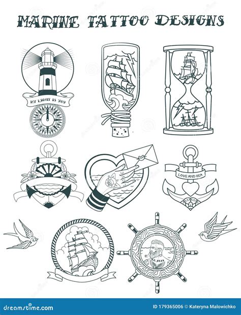 Marine Traditional Tattoo Design Set Royalty Free Stock Image 179365006