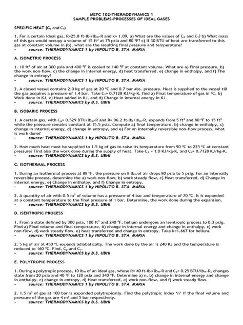 Sample Problems Processes Of Ideal Gases Pdf Heat Enthalpy