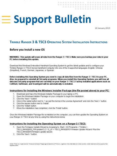 Support Bulletin Trimble Ranger 3 And Tsc3 Operating System Installation Instructions Pdf