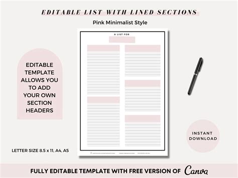 Editable To Do List Template To Do List Pages Pink Minimalist Printable PDF Letter A