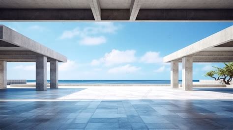 콘크리트 바닥이 있는 빈 주차장과 3d 렌더링에서 바다와 하늘의 탁 트인 전망 건물 벽 추상 건축 푸른 벽 배경 일러스트