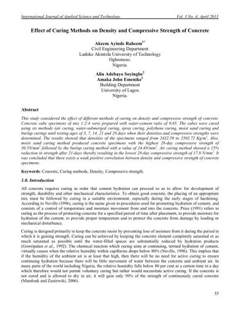 Effect Of Curing Methods On Density And Compressive Strength Of