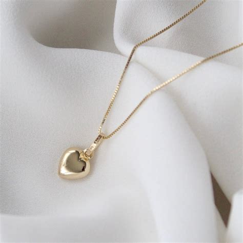 14k Solid Gold Heart Pendant Small Puffy Heart Necklace 14k Yellow