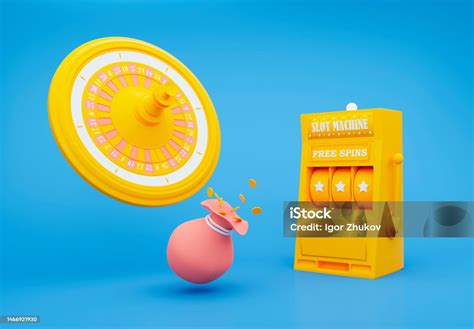 3d 노란색 슬롯 머신과 룰렛 휠 밝은 파란색 배경에 동전이 있는 빨간 돈 가방 만화 스타일 도박 개념 디자인 3d 렌더링 그림입니다 3차원 형태에 대한 스톡 사진 및 기타