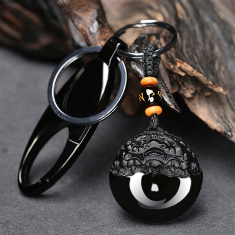 冰种黑曜石貔貅钥匙扣兔年汽车挂件车钥匙链平安扣简约创意饰品男 虎窝淘