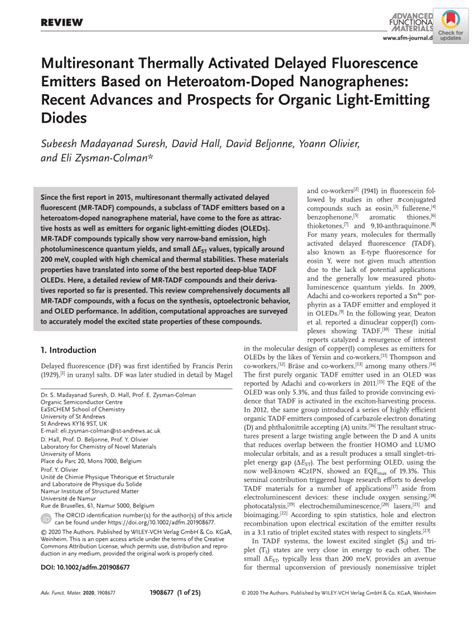 Pdf Multiresonant Thermally Activated Delayed Fluorescence Emitters Based On Heteroatom‐doped