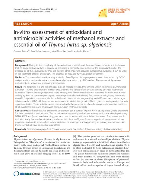 Pdf In Vitro Assessment Of Antioxidant And Antimicrobial Activities Of Methanol Extracts And