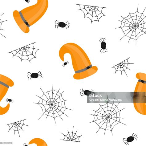 마녀 모자 작은 검은 거미 할로윈 파티 장식을위한 거미 줄 원활한 패턴 벡터 일러스트 손으로 그린 이미지 만화 으스스한 캐릭터 동화 캐릭터 장식 10월에 대한 스톡 벡터