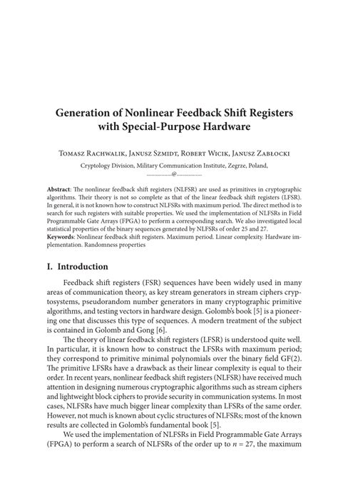 Pdf Generation Of Nonlinear Feedback Shift Registers With Special Purpose Hardware