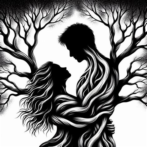 A Towering Male Tree Wraps Its Branches Around A Graceful Female Tree Their Forms Blending In A