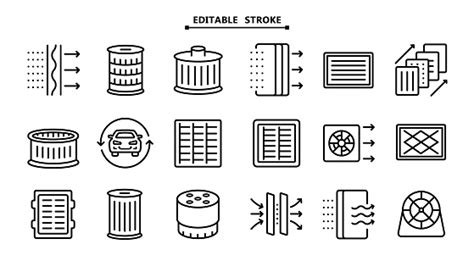 다른 자동차 필터 라인 아이콘 세트 연료 공기 및 오일을 청소하기 위한 오일 가솔린 및 공기 필터의 간단한 이미지 자동차 서비스 아이콘 모음 0명에 대한 스톡 벡터 아트 및