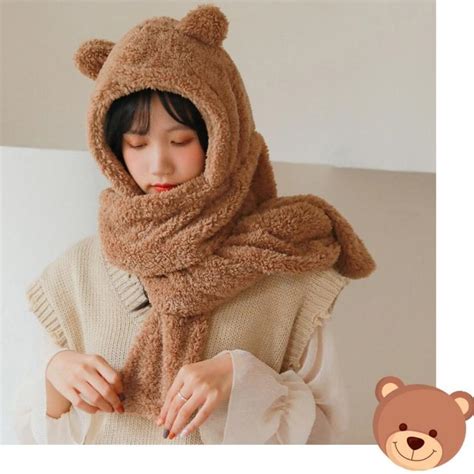 귀여운 곰돌이 후드목돌이 머플러 2color 뽀글이 양털 모자 털 겨울 후드 곰목도리 머플러