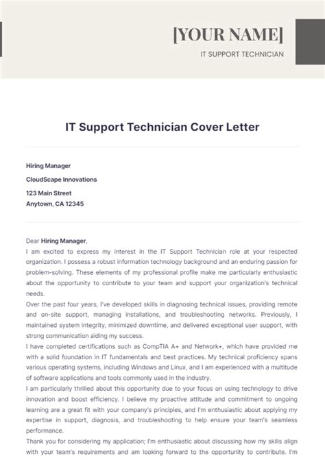 Free It Support Technician Cover Letter Template To Edit Online