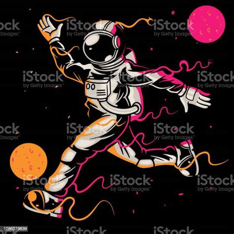 검은 배경에 공간에서 축구 또는 축구를 하는 우주 비행사 스포티 한 우주 비행사는 별과 달 행성 은하 사이의 공을 걷어차 프린트
