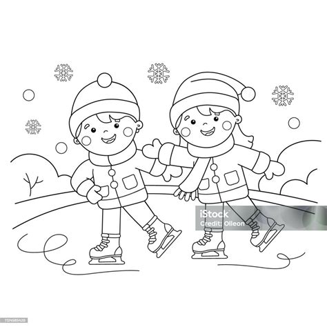 Stock Ilustrace Omalovánky Obrys Kresleného Chlapce S Dívčím Bruslením Zimní Sporty Omalovánka