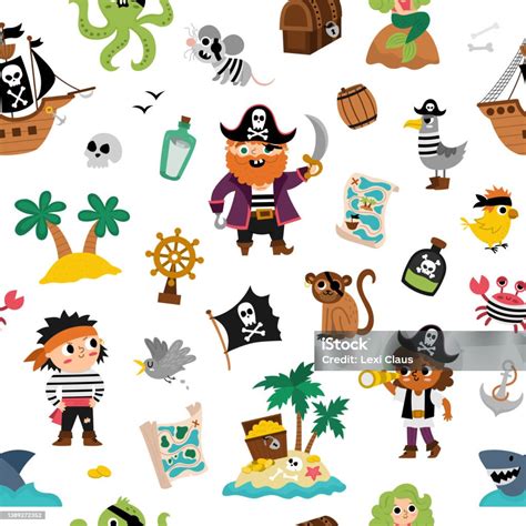 벡터 해적 원활한 패턴 귀여운 바다 모험은 배경을 반복합니다 보물 섬 디지털 종이 와 선박 선장 선원 가슴 지도 앵무새 원숭이 지도 재미있는 해적 파티 질감 가공의 인물에