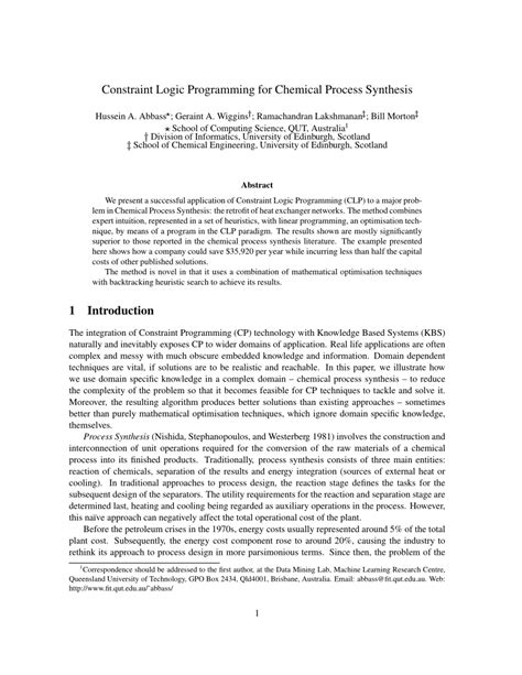 Pdf Constraint Logic Programming For Chemical Process Synthesis