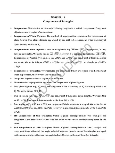 Maths Key Notes Ch7 Congruence Of Triangles Unlocked Pdf Triangle Geometry