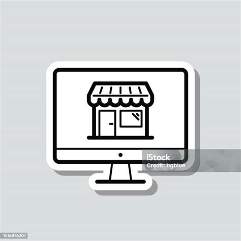 데스크톱 컴퓨터로 온라인 쇼핑 회색 배경에 아이콘 스티커 컴퓨터에 대한 스톡 벡터 아트 및 기타 이미지 컴퓨터 3차원 형태