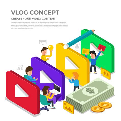 Flat Design Vlog Concept Create Video Content And Make Money Vector Illustrate Vector