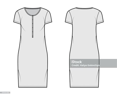 셔츠 드레스 기술 패션 일러스트와 헨리 넥 반소매 무릎 길이 오버사이즈 펜슬 충만 플랫 0명에 대한 스톡 벡터 아트 및 기타 이미지 Istock