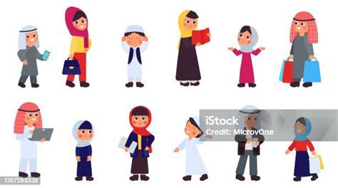 아랍 가족 아랍어 아들 사우디 부부와 단일 문자 만화 무슬림 사람들 전통적인 천에 고립 된 이슬람 사람 괜찮은 벡터 세트 가족에