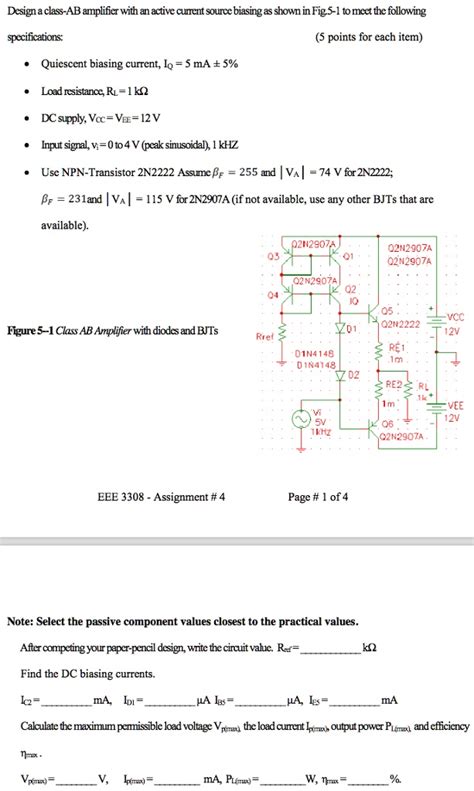 Solved Design A Class Ab Amplifier With An Active Current Source Biasing As Shown In Fig 5 1