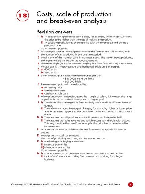 Costs Scale Of Production And Break Even Analysis Revision Answers