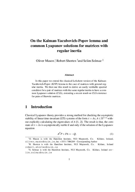 Pdf On The Kalman Yacubovich Popov Lemma And Common Lyapunov Solutions For Matrices With