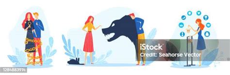 가족 문제 벡터 일러스트 레이션 세트 만화 플랫 가족 또는 충돌 또는 학대 충돌 관계에 커플 사람들 늑대에 대한 스톡 벡터 아트