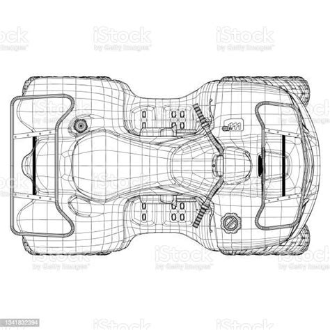 흰색 배경에 고립 된 검은 색 라인에서 상세한 Atv의 와이어 프레임 위에서 볼 수 있습니다 3d 벡터 일러스트레이션 3차원 형태에 대한 스톡 벡터 아트 및 기타 이미지