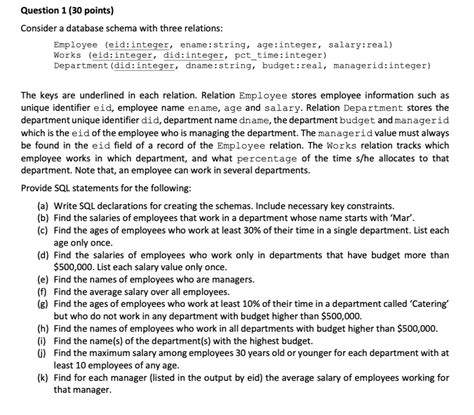 Solved Question 1 30 Points Consider A Database Schema