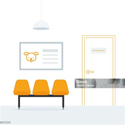 대합실 수의사 세 개의 주황색 빈 의자 벽에 포스터 천장 조명 선형 도어 약속 벡터 일러스트레이션 플랫 디자인 대합실에 대한 스톡 벡터 아트 및 기타 이미지 Istock