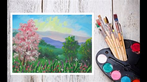 Видео урок Рисуем Гуашью Цветущий пейзаж Dari Art Youtube