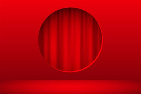 빨간 커튼 안쪽에 원형 아치 문 벡터 그림입니다 3d 사실적인 벽과 새틴 커버 소재 기하학적 빈 원형 게이트 또는 화장품 프리젠테이션을 위한 창이 있는 쇼룸 바닥 게이트에