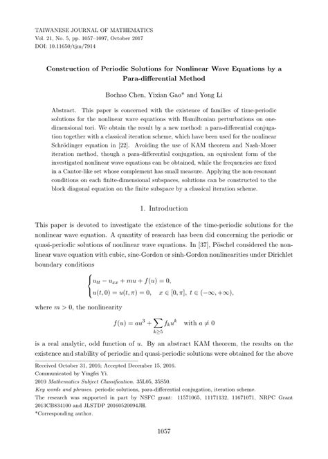 Pdf Construction Of Periodic Solutions For Nonlinear Wave Equations By A Para Differential Method