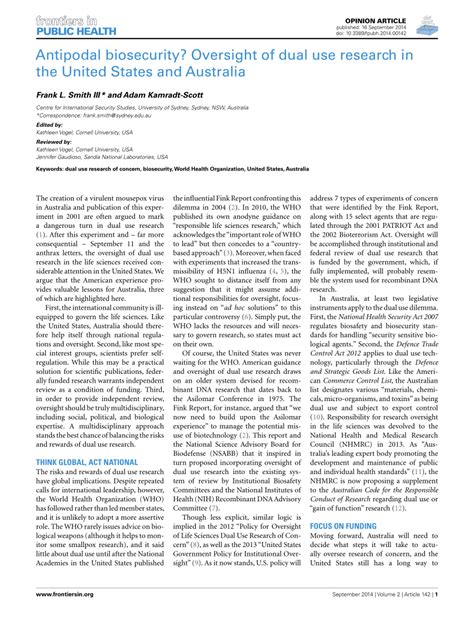 Pdf Antipodal Biosecurity Oversight Of Dual Use Research In The United States And Australia
