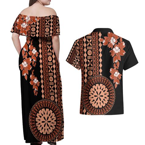 Fiji Tagimoucia Flower With Tapa Tribal Couples Matching Off Shoulder Maxi Dress And Hawaiian