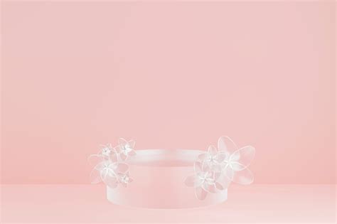 3d 사실적인 연단 배경 분홍색에 투명한 유리 원통형 연단 1개 유리 흰색 봄 꽃은 장식 모형 3d 렌더링으로 제공됩니다 여성의 날 무대 용 디스플레이 제품 장면 쇼케이스