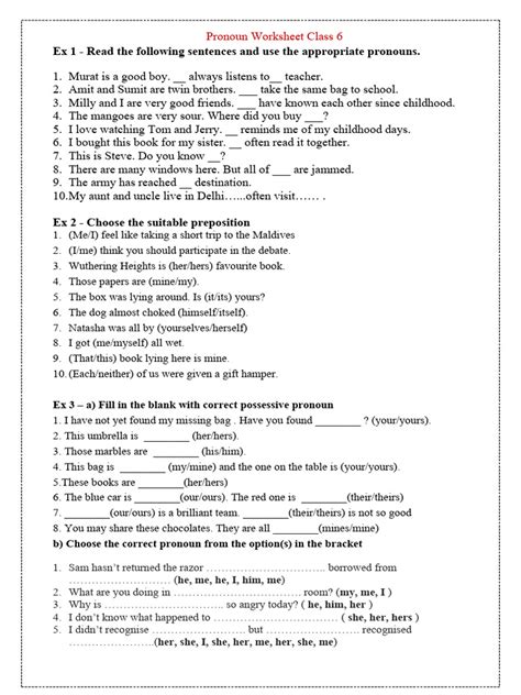 Pronoun Worksheet Class 6 Questions Pdf