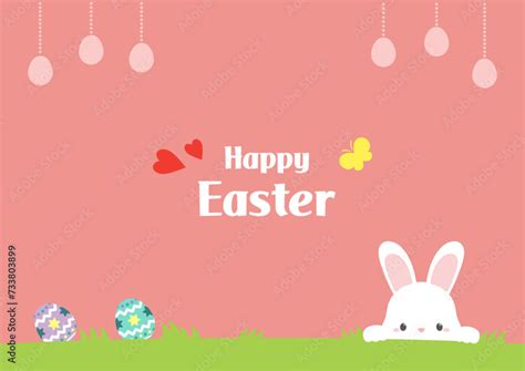 イースターエッグとイースターバニーのいる春の風景のベクターイラスト。春のカードやチラシの背景に最適なおしゃれで可愛いフレーム。背景ピンク Векторный объект Stock