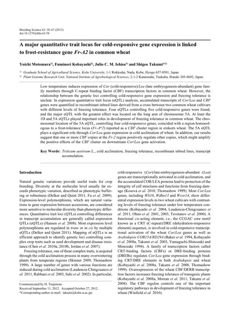 Pdf A Major Quantitative Trait Locus For Cold Responsive Gene Expression Is Linked To Frost
