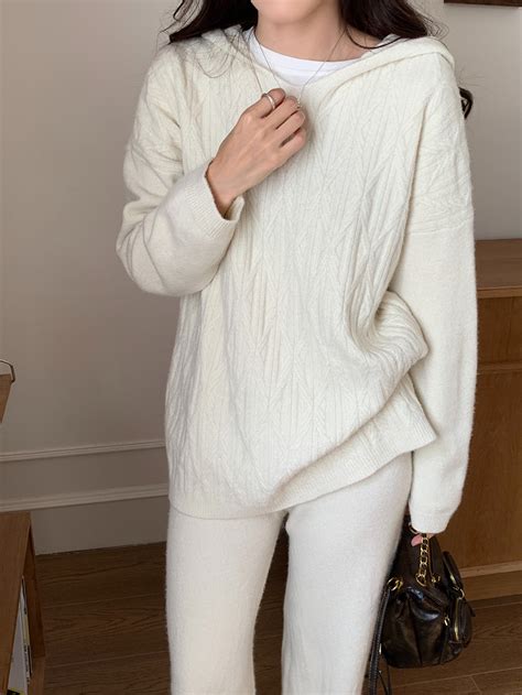 니트 스웨터 바지 상하세트 후드넥 로우숄더 루즈핏 박시 와이트 꽈배기 케이블 트위스트 단색 니트 풀오버 스웨터 And 허리밴딩 일자 롱 니트팬츠 투피스 도톰 따뜻한 겨울