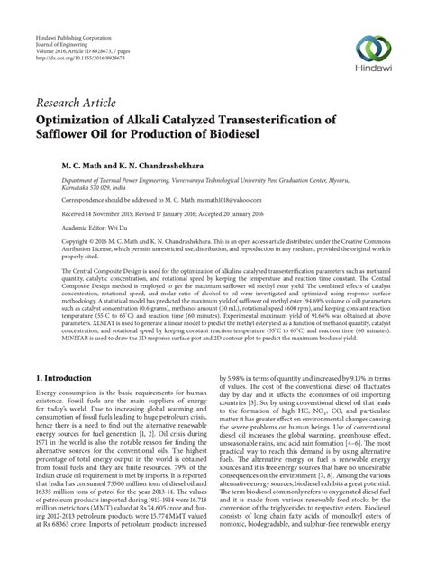 Pdf Optimization Of Alkali Catalyzed Transesterification Of Safflower Oil For Production Of