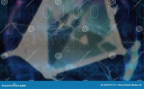 Animation Of Network Of Connections Over Binary Coding And Globe Stock