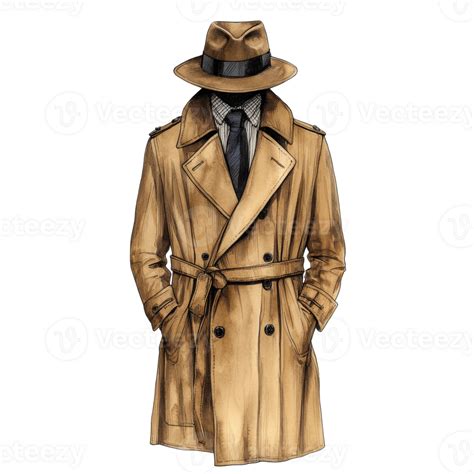 Stylish Detective Outfit With Classic Trench Coat 52885931 Png