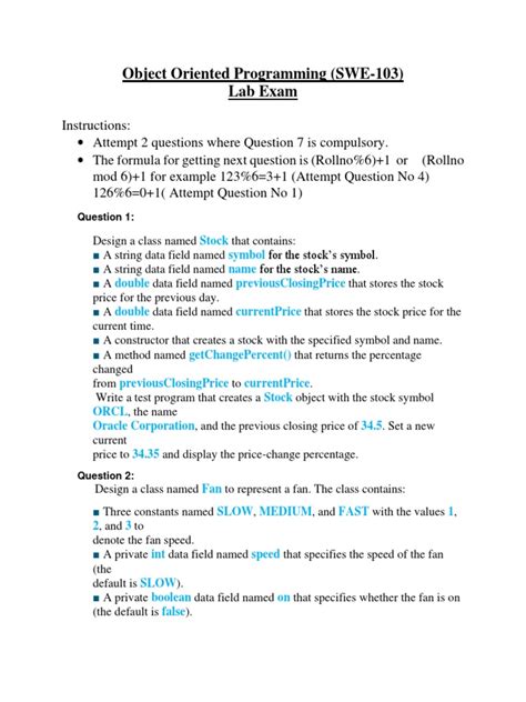 Object Oriented Programming Swe 103 Lab Exam Stock Symbol Name Double Previousclosingprice