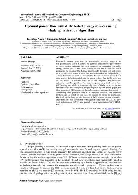 Optimal Power Flow With Distributed Energy Sources Using Whale