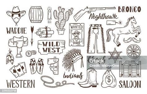카우보이 낙서 요소 서부 컬렉션 손으로 그린 살롱 나무 문 말 총 카우보이 부츠 고립 된 와일드 웨스트 기호 Neoteric 벡터 세트 가방에 대한 스톡 벡터 아트 및 기타